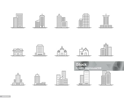 Different Types Building Black Thin Line Icon Set Vector Stock Illustration Download Image Now
