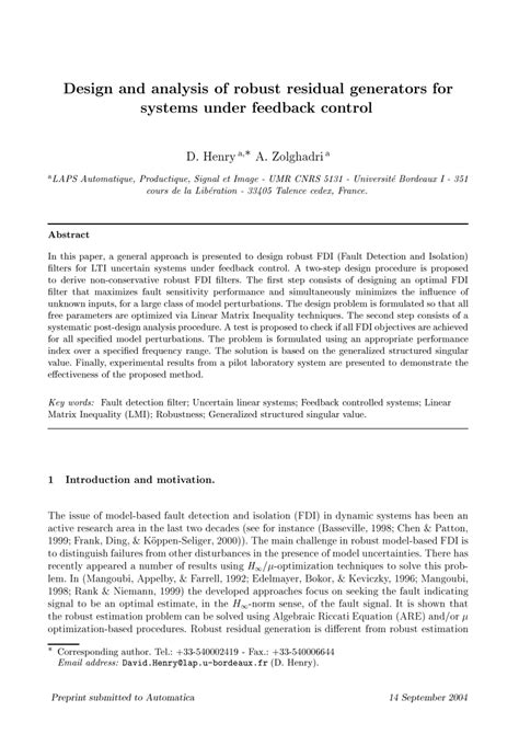 Pdf Hinfh Filters For Fault Diagnosis In Systems Under Feedback Control