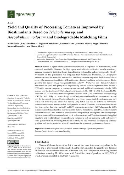 Pdf Yield And Quality Of Processing Tomato As Improved By Biostimulants Based On Trichoderma