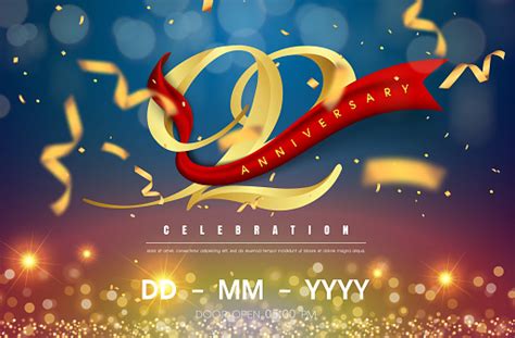 금과 파란색 배경에 92 주년 기념 로고 템플릿 빨간 리본 벡터와 색종이 고립 된 디자인 요소와 함께 92 번째 황금 숫자를 축하 광고에 대한 스톡 벡터 아트 및 기타