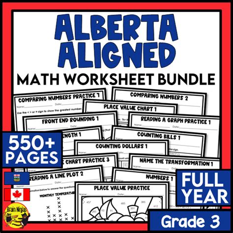 Alberta Math Curriculum Worksheets Full Year Bundle Paper Grade 3