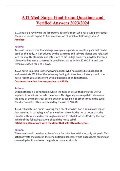 Ati Med Surge Final Exam Questions And Verified Answers 20232024 Ati