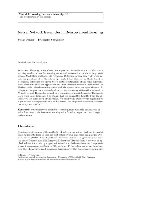 Pdf Neural Network Ensembles In Reinforcement Learning