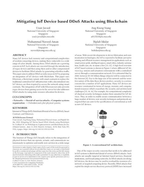 Pdf Mitigating Iot Device Based Ddos Attacks Using Blockchain