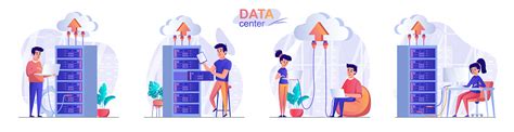 데이터 센터 개념 장면 집합입니다 엔지니어는 서버룸에서 작업하고 장비 작동 클라우드 기술을 유지 관리합니다 사람들의 활동 수집 플랫 디자인의 문자벡터 일러스트레이션 개념에