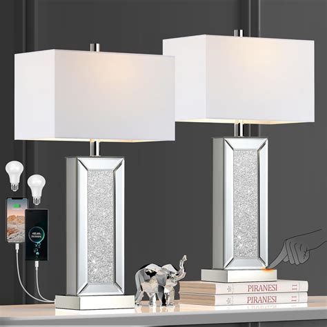Modern Table Lamp Set Of 2 Touch Control Silver Mirror Diamond Crystal