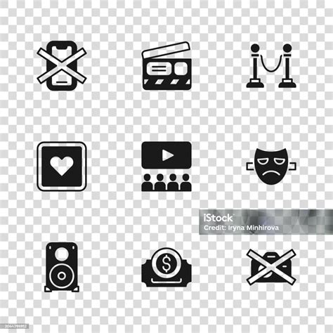 세트 시네마 티켓 드라마 연극 마스크 금지 비디오 녹화 금지 스크린이 있는 강당 로프 장벽 휴대폰 없음 영화 클래퍼 및 하트 아이콘처럼 벡터 Theatrical