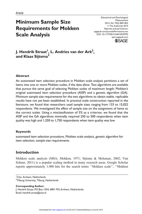 Pdf Minimum Sample Size Requirements For Mokken Scale Analysis