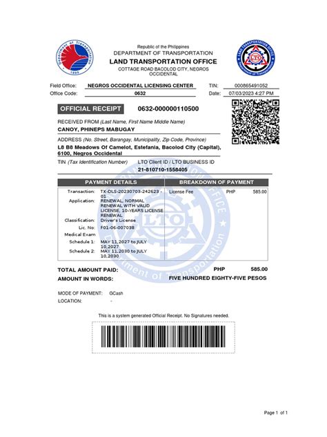 Official Receipt Land Transportation Office Pdf