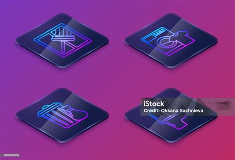 설정 등색 선 스퀴지 스크레이퍼 와이퍼 쓰레기 캔 및 쓰레기 봉투 와셔와 티셔츠와 화장실 그릇 파란색 정사각형 버튼 벡터 3차원