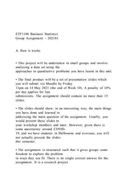 Etf1100 Business Statistics Group Assignment 2021s1 Docx