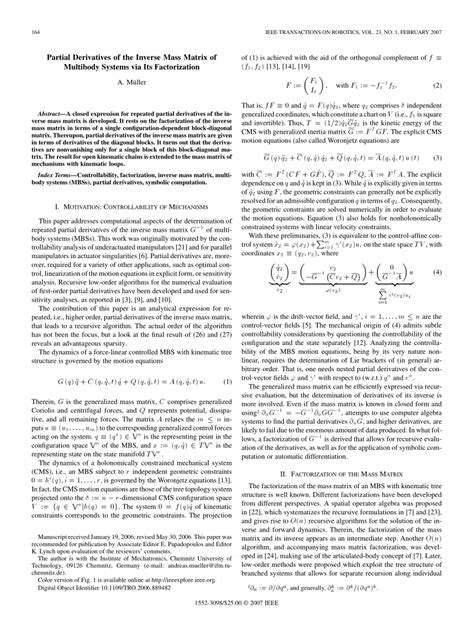 Pdf Partial Derivatives Of The Inverse Mass Matrix Of Multibody Systems Via Its Factorization