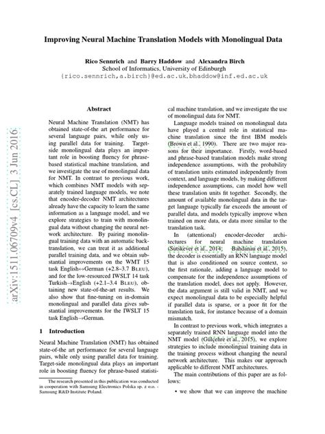 Improving Neural Machine Translation Models With Monolingual Data Pdf