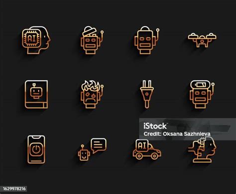 라인 설정 전화 봇 휴머노이드 자율 스마트 자동차 유지 보수용 로봇 소진 배터리 부족 및 전기 플러그 아이콘에서 로봇을 끕니다 벡터 Brand Name Smart Phone