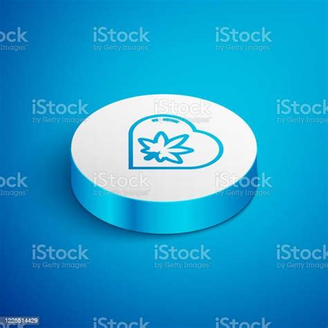 파란색 배경에 격리 된 심장 모양 아이콘의 등각 선 마리화나 잎 대마 기호입니다 흰색 원 버튼 벡터 일러스트레이션 3차원 형태에 대한 스톡 벡터 아트 및 기타 이미지
