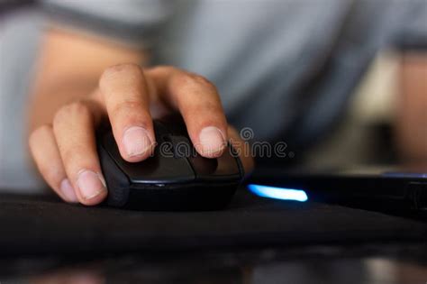 Close Up Hand On Computer Mouse While Working Stock Image Image Of