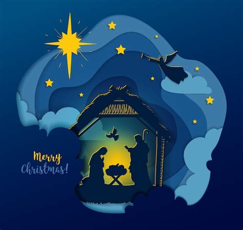 마리아와 요셉이 실루엣으로 있는 구유에 있는 아기 예수의 전통적인 기독교 크리스마스 탄생 장면의 인사말 카드 거룩한 밤 벡터 Eps 10 프리미엄 벡터