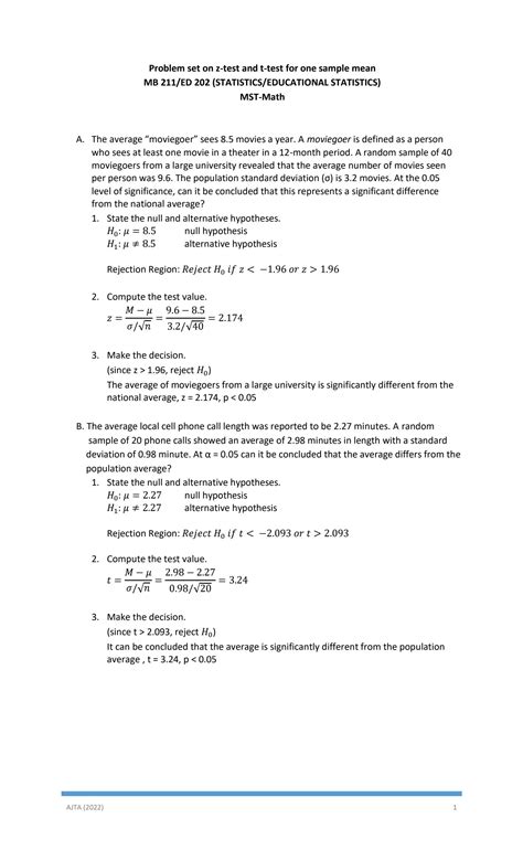 SOLUTION Problem Set On Z Test And T Test For One Sample Mean Studypool