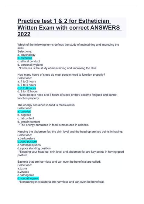 Practice Test 1 And 2 For Esthetician Written Exam With Correct Answers 2022 Cosmetology Stuvia Us