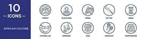 아프리카 문화 개요 아이콘 세트는 얇은 선 숲 얼룩말 드럼 귀걸이 마라카스 Voortrekker 보고서 프레 젠 테이션 다이어그램 웹 디자인을위한 닭 다리 아이콘을