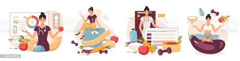 영양사 개념 체중 감량 프로그램 및 다이어트 계획 건강한 음식과 신체 활동으로 다이어트 요법 플랫 벡터 일러스트 레이 션 운동에 대한 스톡 벡터 아트 및 기타 이미지