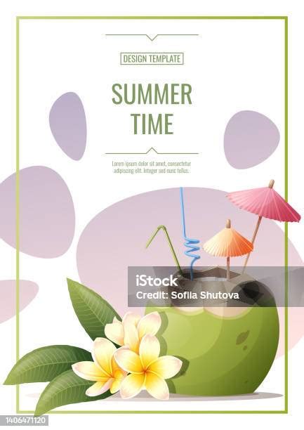 코코넛 칵테일 칵테일 우산 및 빨대 Frangipani 꽃이있는 전단지 템플릿 디자인 여름 해변 파티 바 상쾌한 음료 배너