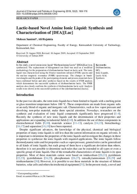 Pdf Lactic Based Novel Amine Ionic Liquid Synthesis And Characterization Of Dea Lac