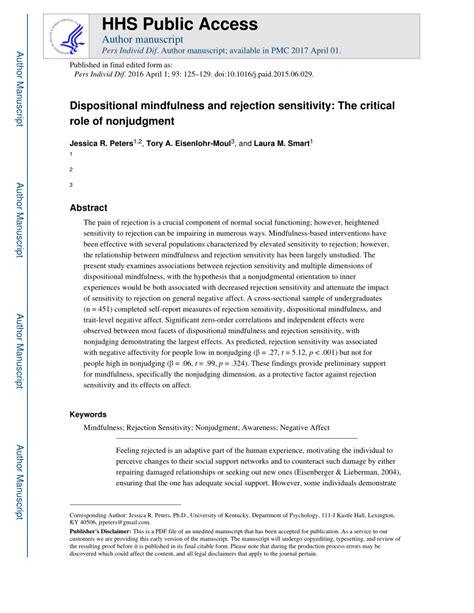 Pdf Dispositional Mindfulness And Rejection Sensitivity The Critical Role Of Nonjudgment