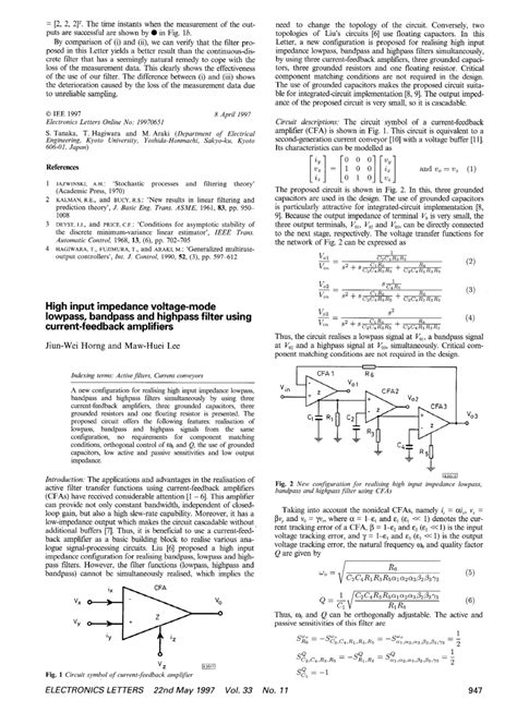 Pdf High Input Impedance Voltage Mode Lowpass Bandpass And Highpass