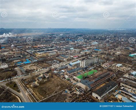 Aerial View From Drone Of Industrial Zone With Fuming Chimneys