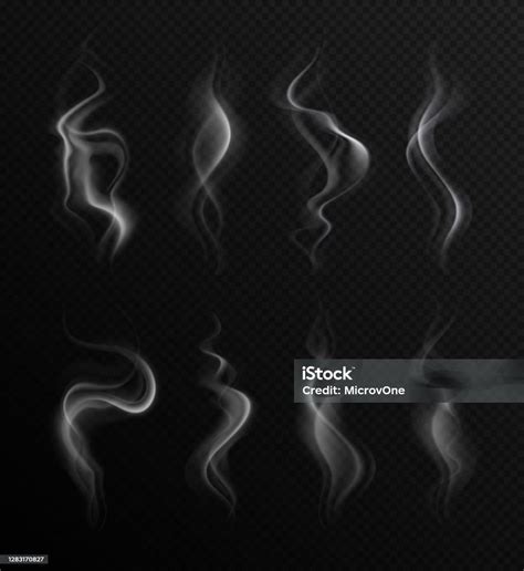 현실적인 연기 스팀 컬렉션 투명 배경 불 뜨거운 음식 또는 음료의 자연 회색 안개 담배 공기 증기 효과 벡터 세트 연기 물리적 구조에 대한 스톡 벡터 아트 및 기타 이미지