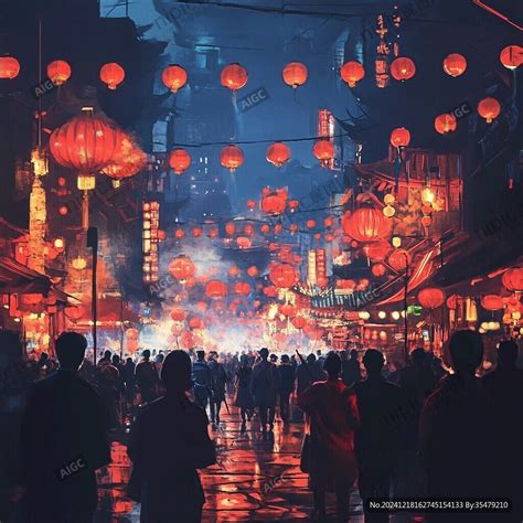 Ai创作图步行街春节场景 元宵节场景 庙街插画 古代繁华夜市 春节年货街 小镇过年 横店庙会 集镇过年 元宵节街景 年货街 元宵夜的人群 元宵节繁荣 美食街夜景红灯笼 全城过年 中式庙会