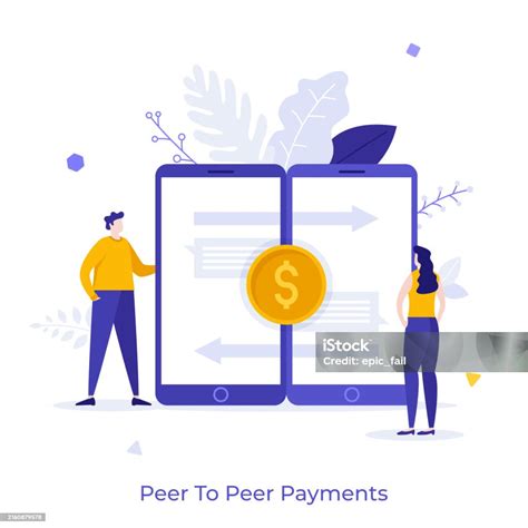 남자 여자 두 대의 스마트 폰과 황금 달러 동전 P2p 결제의 개념 모바일 앱을 통한 은행 계좌 간의 자금 이체 현대 평면 벡터 일러스트 레이 션 배너 포스터 Brand