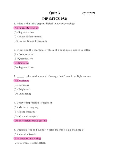DIP MCQs WITH ANSWER BASICS OF IMAGE PROCESSING Quiz DIP MTCS What Is The