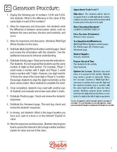 Multi Digit Whole Numbers Lesson Plan By Learn Bright Education Tpt