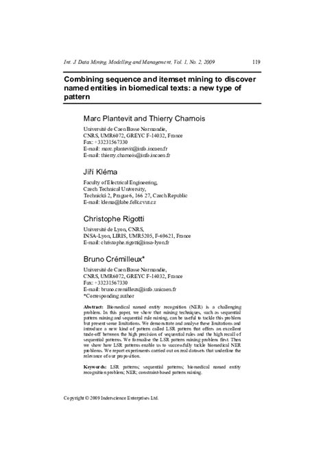 Pdf Combining Sequence And Itemset Mining To Discover Named Entities In Biomedical Texts A