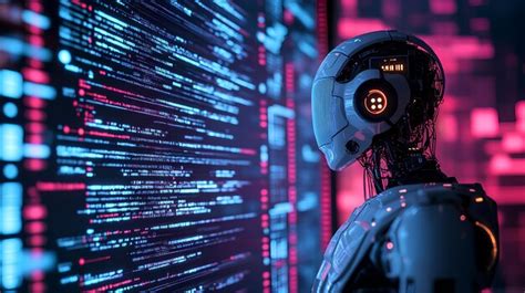 Cyborg Working On Computer Program Code Artificial Intelligence Concept