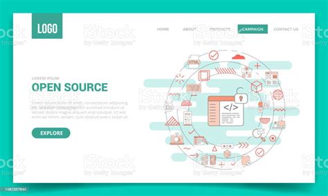 웹 사이트 템플릿 또는 방문 페이지 홈페이지에 대한 원 아이콘이 있는 오픈 소스 개념 개념에 대한 스톡 벡터 아트 및 기타 이미지 개념 개념과 주제 개발 Istock