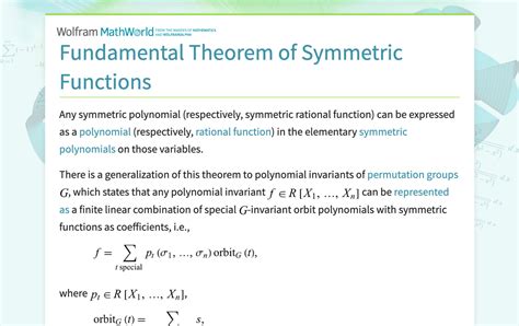 Fundamental Theorem of Symmetric Functions -- from Wolfram MathWorld