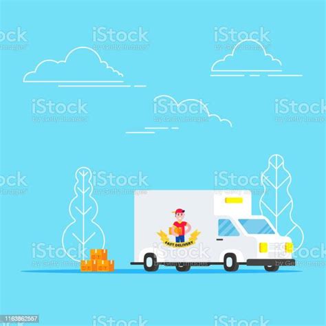빠른 배달 차량 자동차 밴과 소년 캐릭터와 상자 평면 스타일 디자인 벡터 일러스트 라이트 블루 배경에 격리 배달 회사의 상징