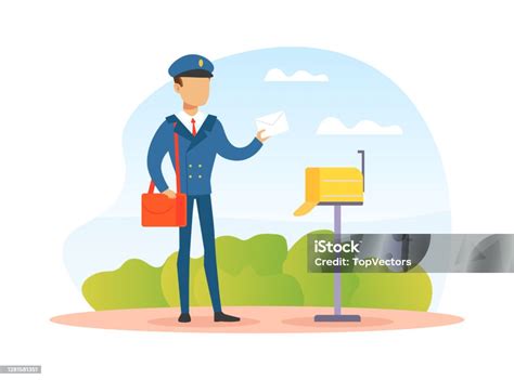 우체부 사서함에 편지를 넣어 고객에게 메일을 전달하는 파란색 유니폼의 우체부 배달 서비스 개념 벡터 일러스트 독일에 대한 스톡 벡터 아트 및 기타 이미지 Istock