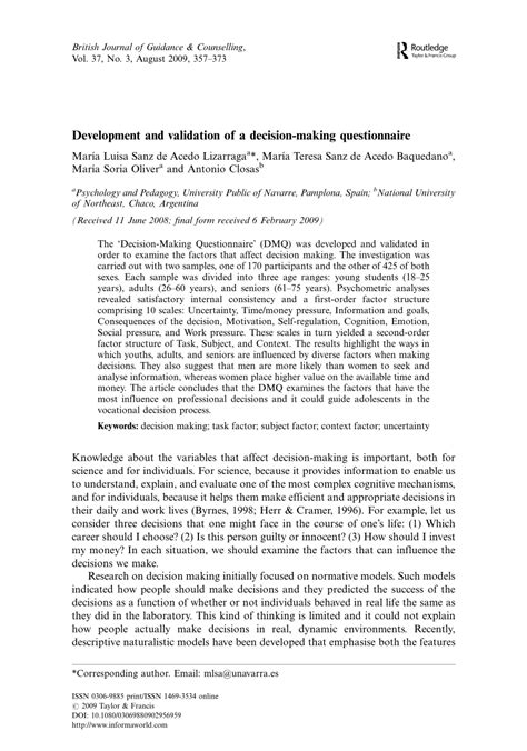 Pdf Development And Validation Of A Decision Making Questionnaire