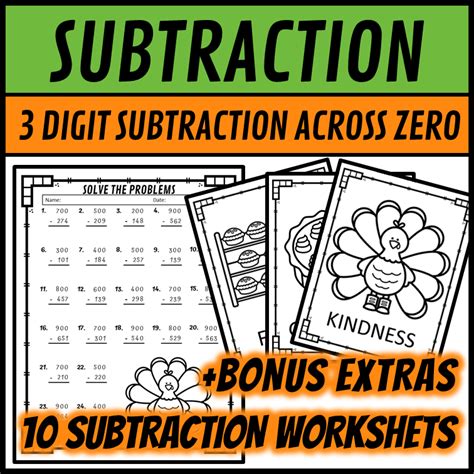 3 Digit Subtraction Across Zeros With Regrouping Thanksgiving Bonus