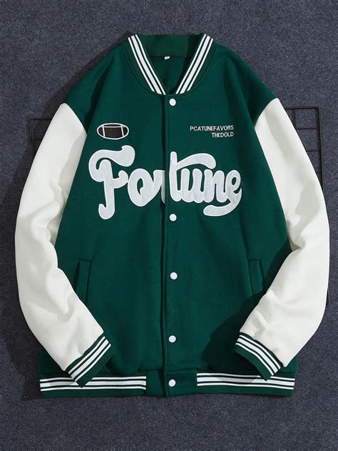 Men Letter Patched Colourblock Striped Trim Varsity Jacket Varsity Jacket Varsity Jacket Men