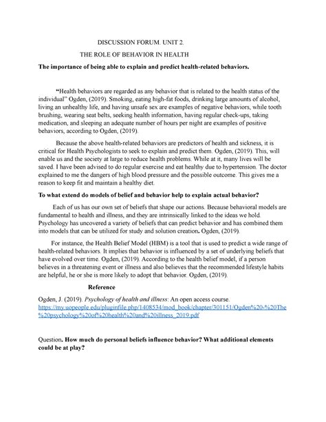 Discussion Forum Unit 2 Discussion Forum Unit 2 The Role Of