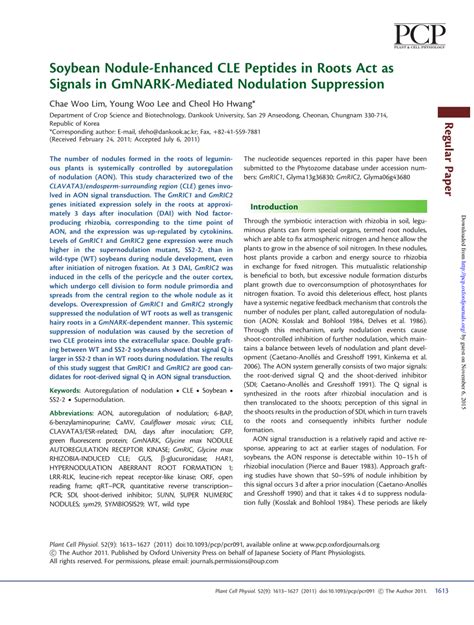 Pdf Soybean Nodule Enhanced Cle Peptides In Roots Act As Signals In