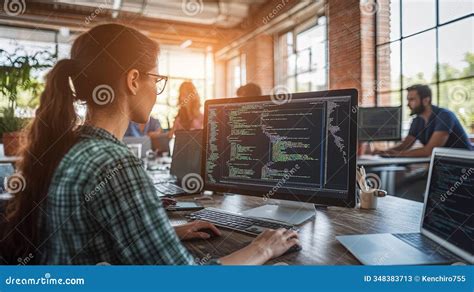 woman coding in modern workspace with multiple screens and colleagues