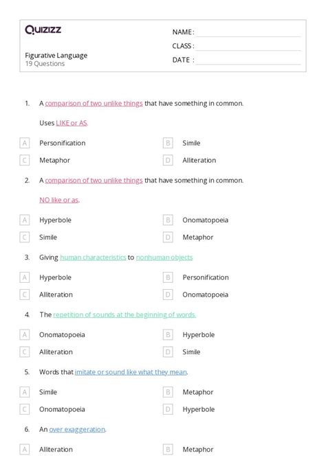 50 Figurative Language Worksheets For 6th Grade On Quizizz Free