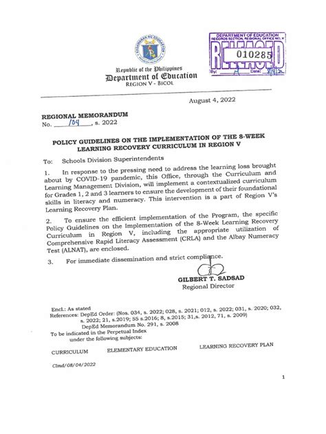 Rm 104s 2022 Policy Guidelines On The Implementation Of The 8 Week Lrc Pdf