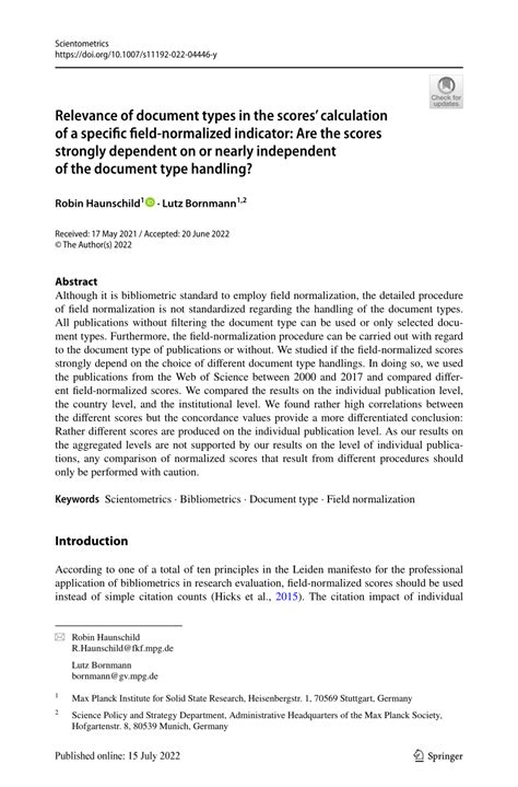 Pdf Relevance Of Document Types In The Scores Calculation Of A Specific Field Normalized